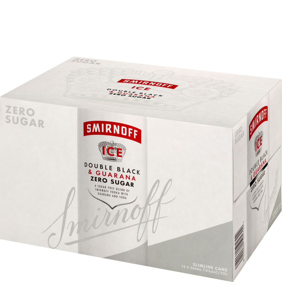 Smirnoff Ice Double Black Guarana Zero Sugar 7% 250mL Can 12 Pack ...